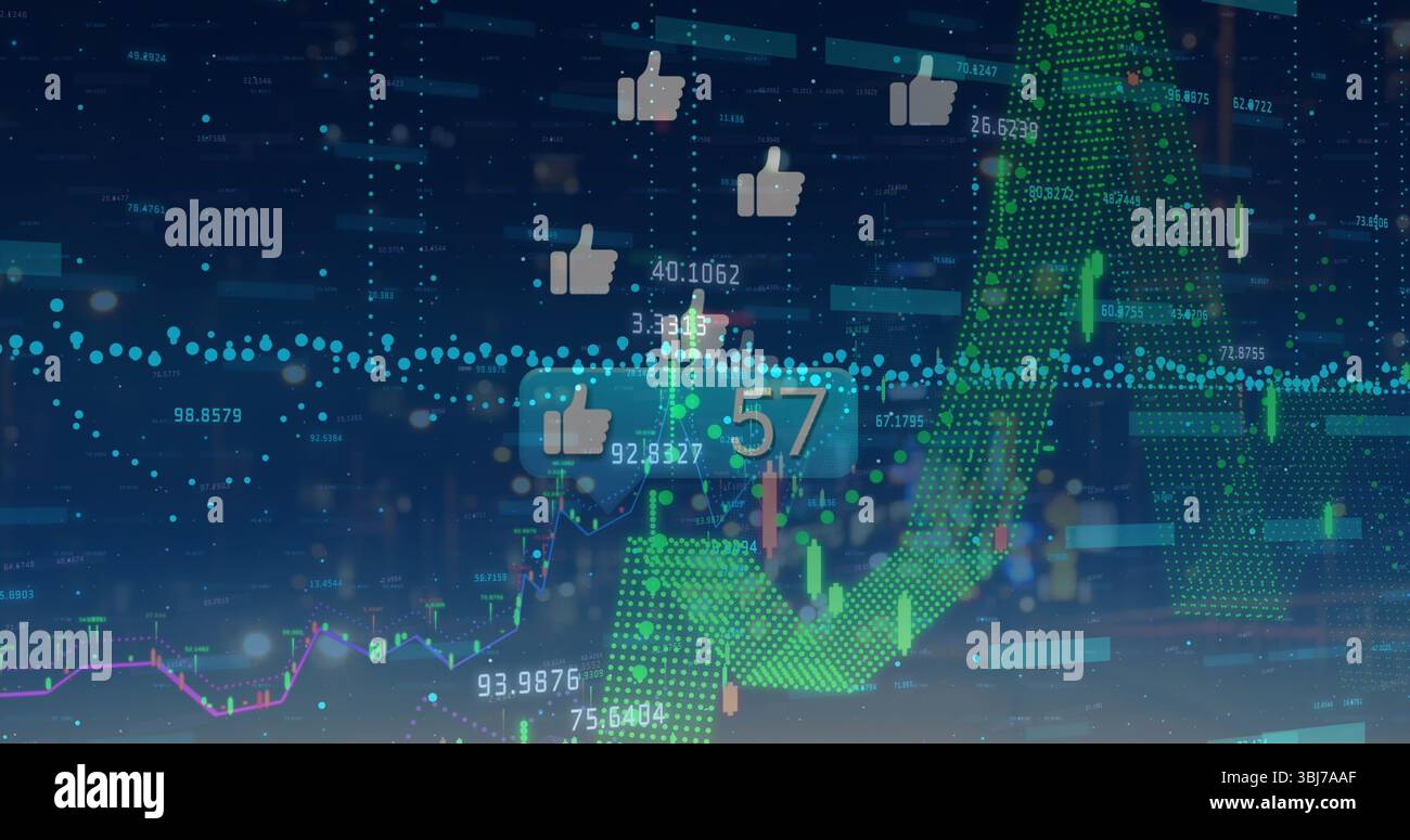 Floating thumbs-up icons and like badge showing 57 over trading screen ...
