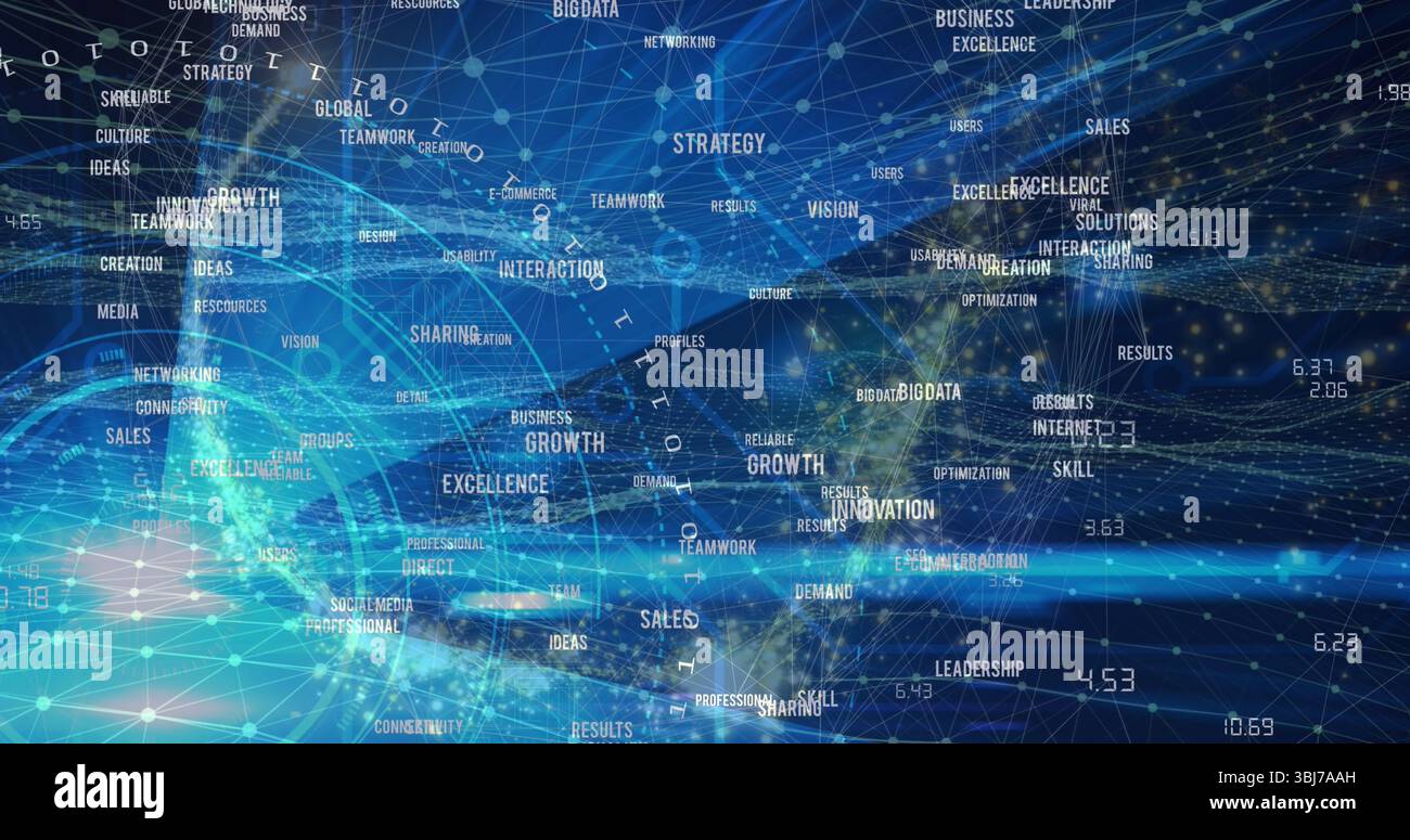Displaying digital network mesh glowing in cyberspace, with nodes, lines, globe and floating ...