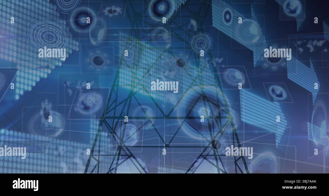 Displaying steel lattice tower showing holographic graphics at network interface with map ...