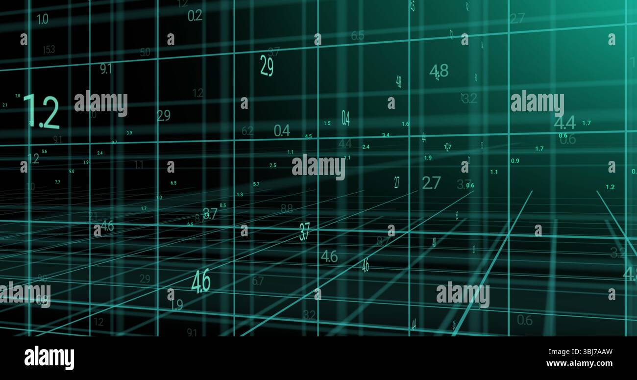 Displaying cyan wireframe lattice extending in virtual data space, with floating numeric labels ...