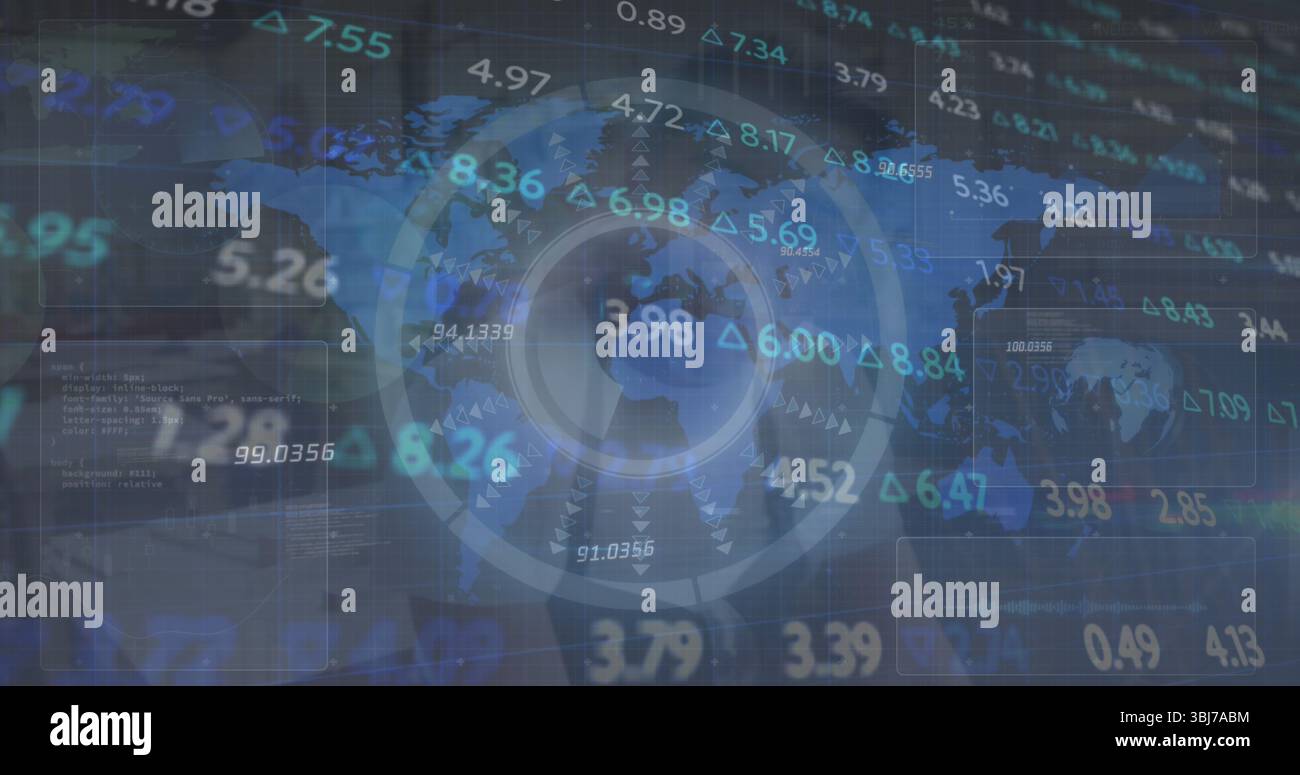 Displaying circular gauge overlaying world map on computer screen, with ...