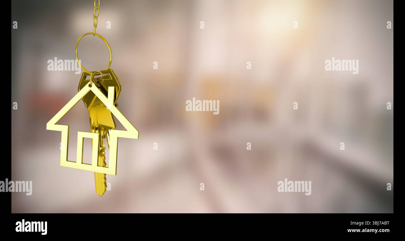 Hanging gold house-shaped keychain with metallic keys in hallway ...