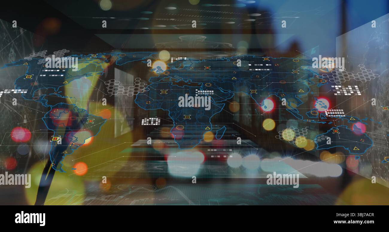 Displaying transparent world map across data control corridor, glowing data nodes and hex grid ...