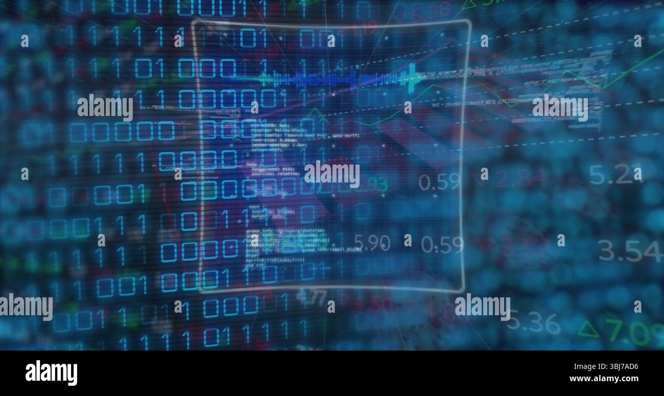 Displaying translucent code window showing binary bits, charts and tickers on software dashboard ...