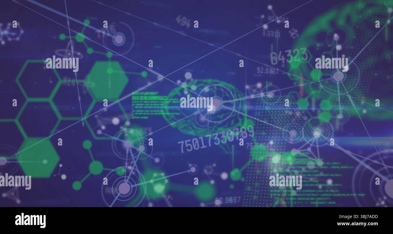 Displaying digital network interface in dark blue field, with green ...