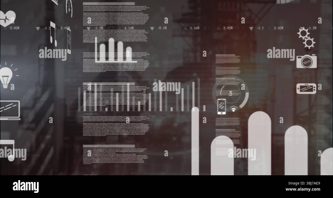 Displaying abstract bar chart rising over blurred urban skyline, with data overlays and icons ...