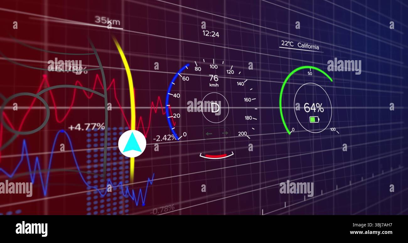 Displaying circular speedometer gauge reading 76 km or h on virtual HUD ...
