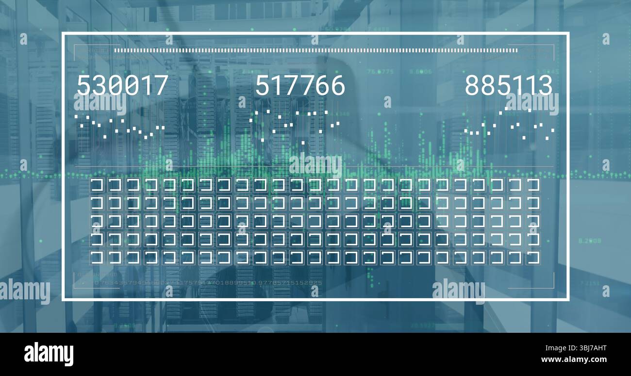 Displaying translucent digital overlay visualizing numeric labels in data center, with server ...
