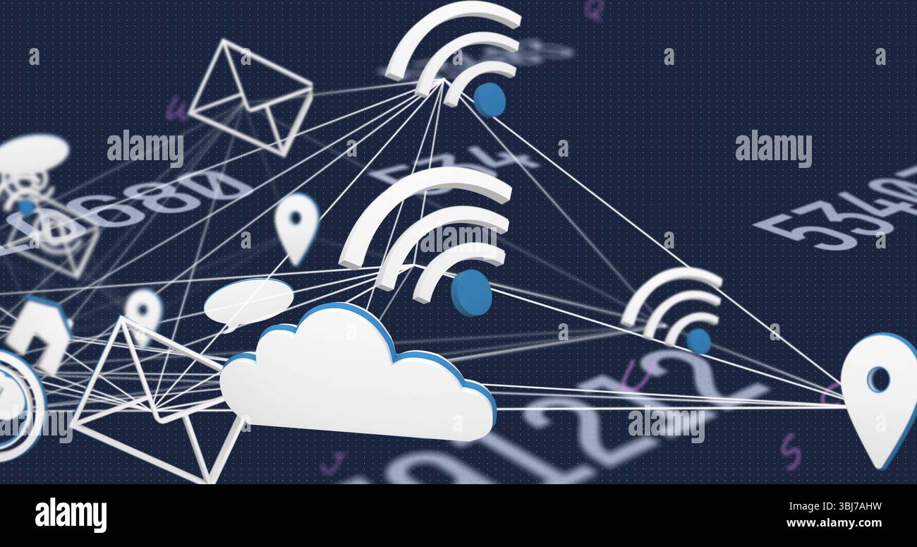 Connecting cloud icon with wifi signals, email envelopes and map pins ...