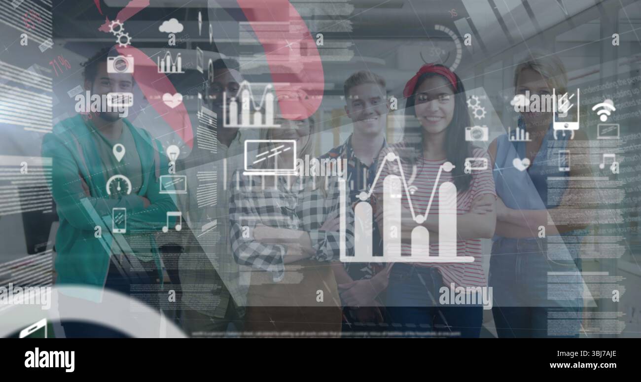 Standing six professionals crossing arms in office space, with floating ...