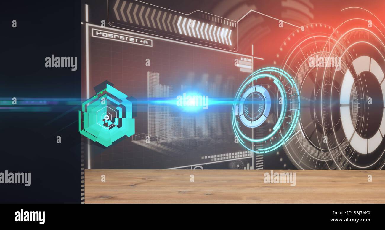Displaying holographic interface over wooden tabletop in control station, with hexagonal icons ...