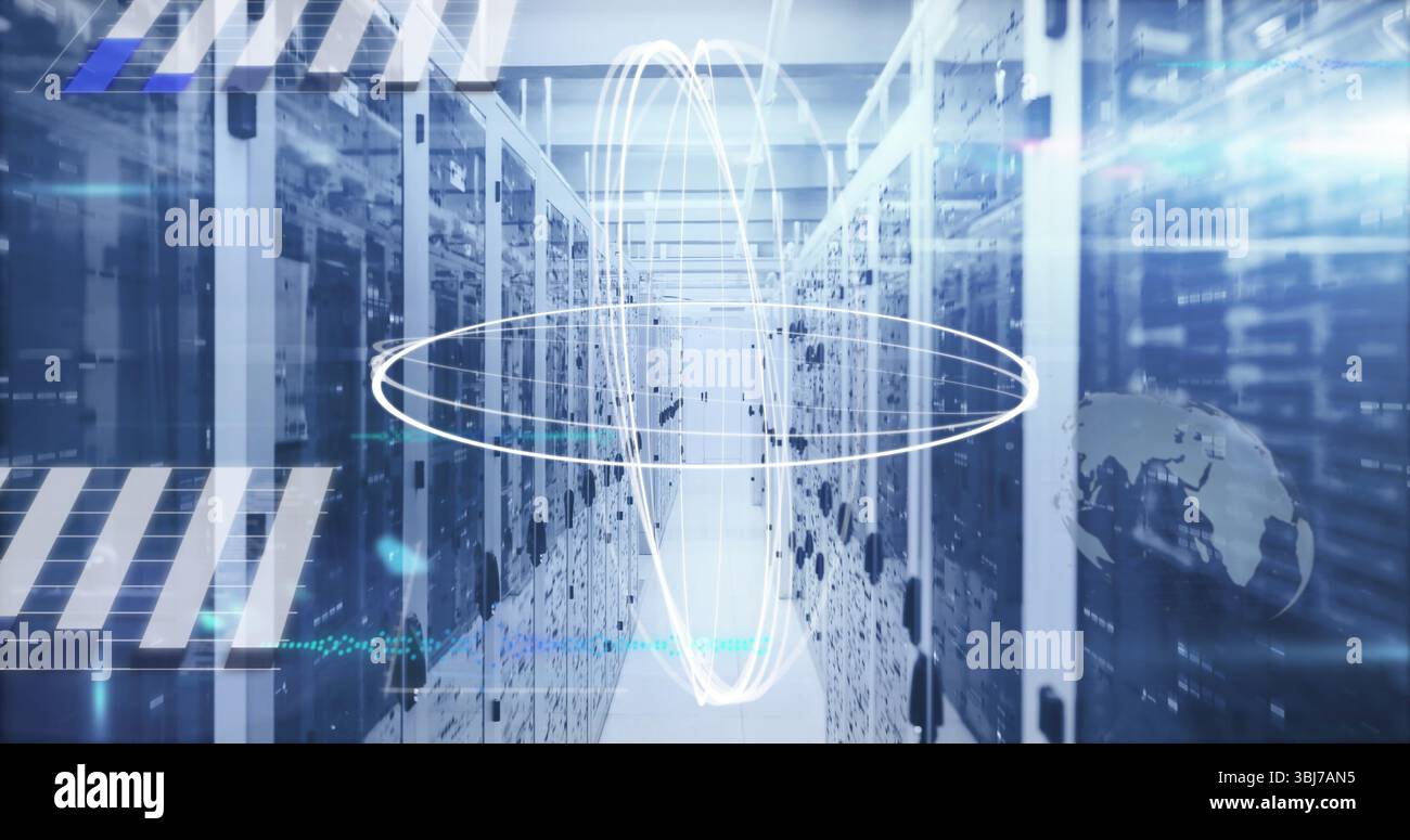 Digital overlays glowing in data center corridor, with server racks, cables and blinking lights ...