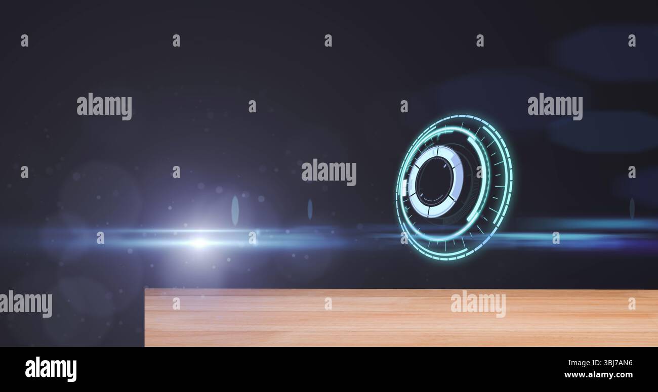Floating holographic interface above wooden tabletop in studio with lens flare, copy space Stock ...