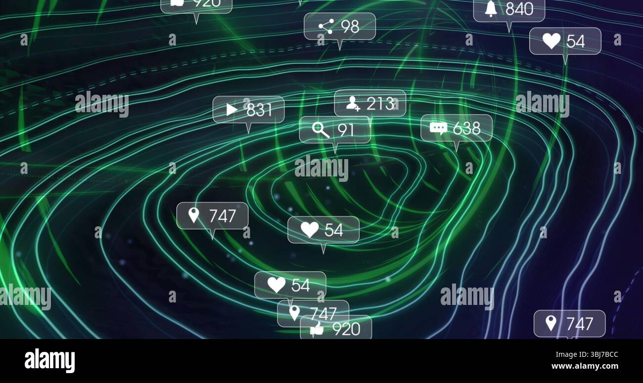 Displaying 3D neon contour network twisting in dark virtual space, with ...