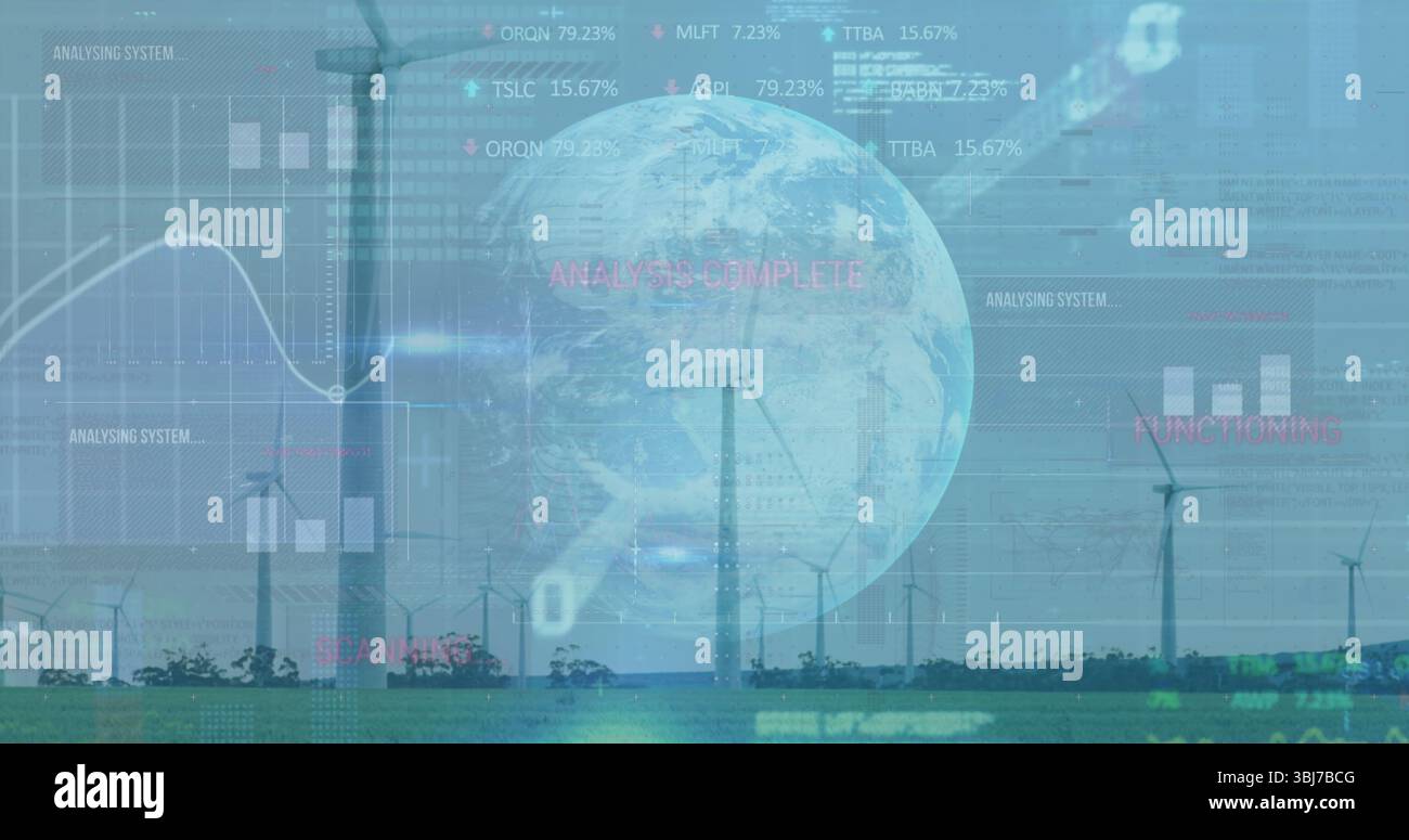 Showing globe hologram overlaying wind turbines at wind farm, with data analysis charts Stock ...
