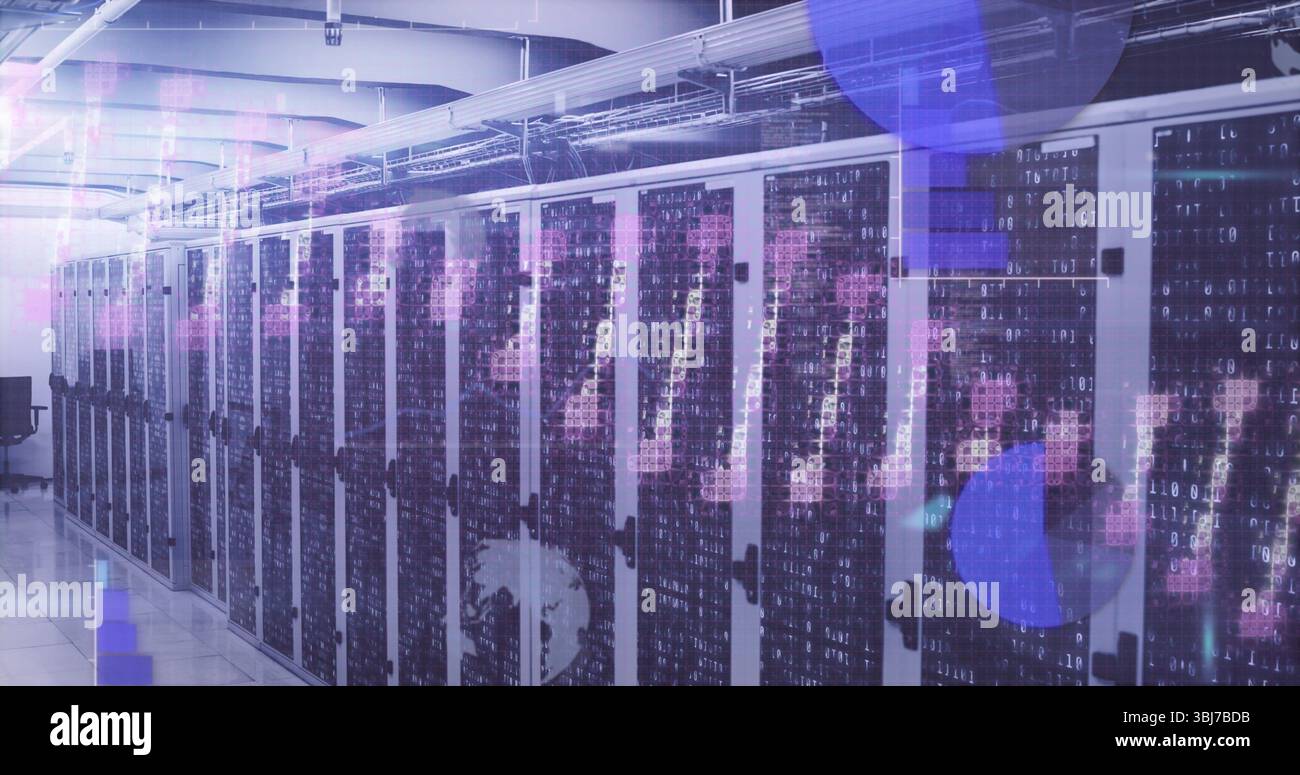 Showing server racks with LED lights in data center aisle, with pipes ...