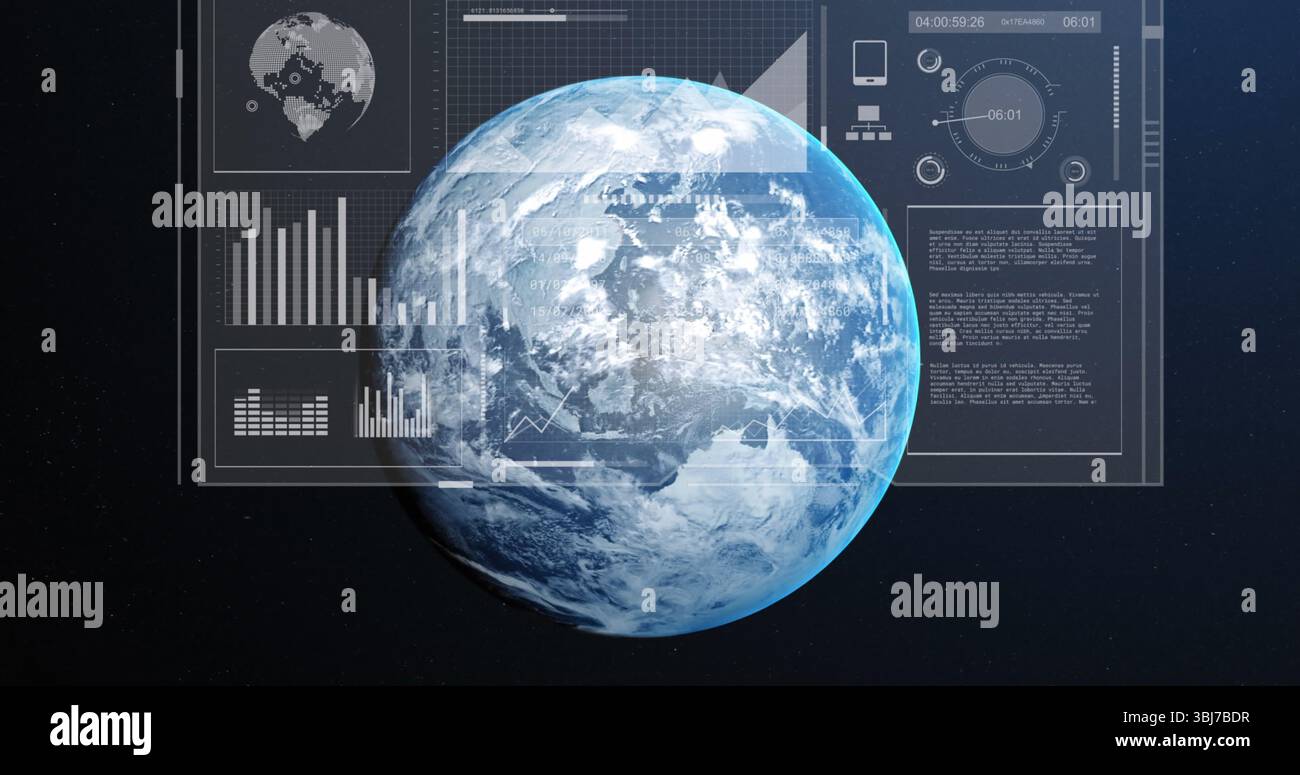 Floating digital 3D Earth hovering over deep space control interface, with bar and line charts ...