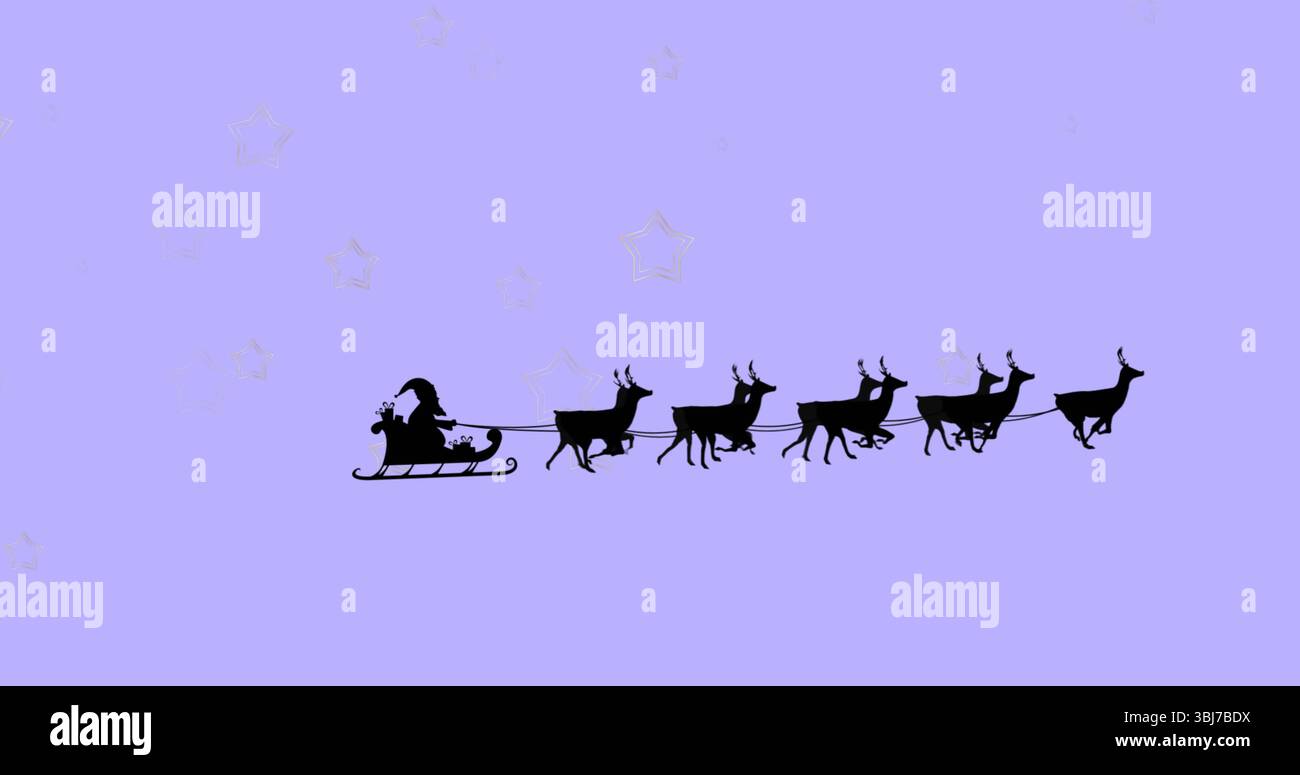Gliding Santa Claus silhouette guiding sleigh through night sky, with ...