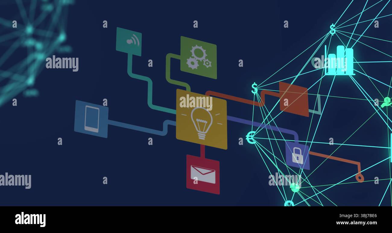 Displaying mesh view growing in digital space, with gear light bulb ...