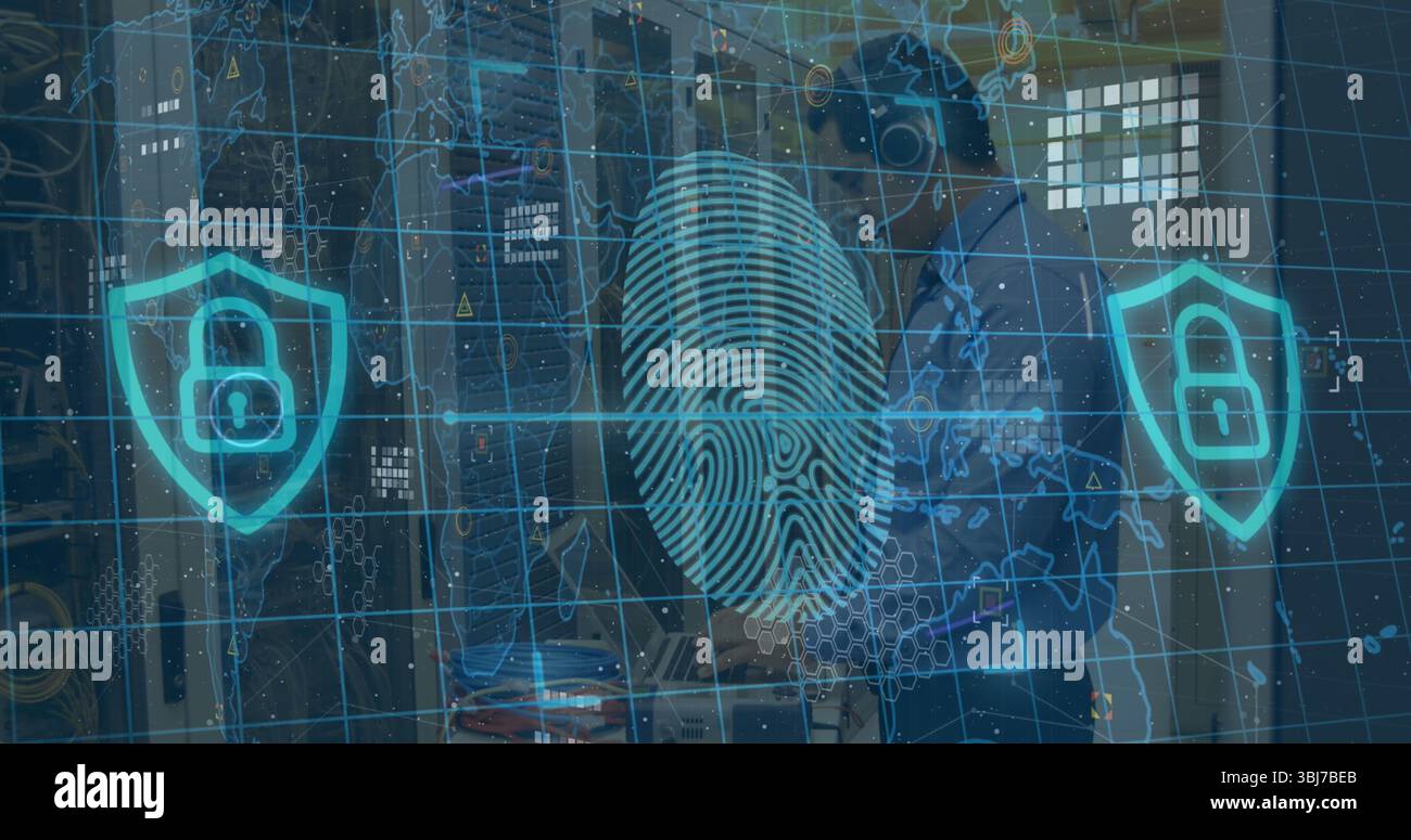 Projecting holographic fingerprint floating over data center, with ...