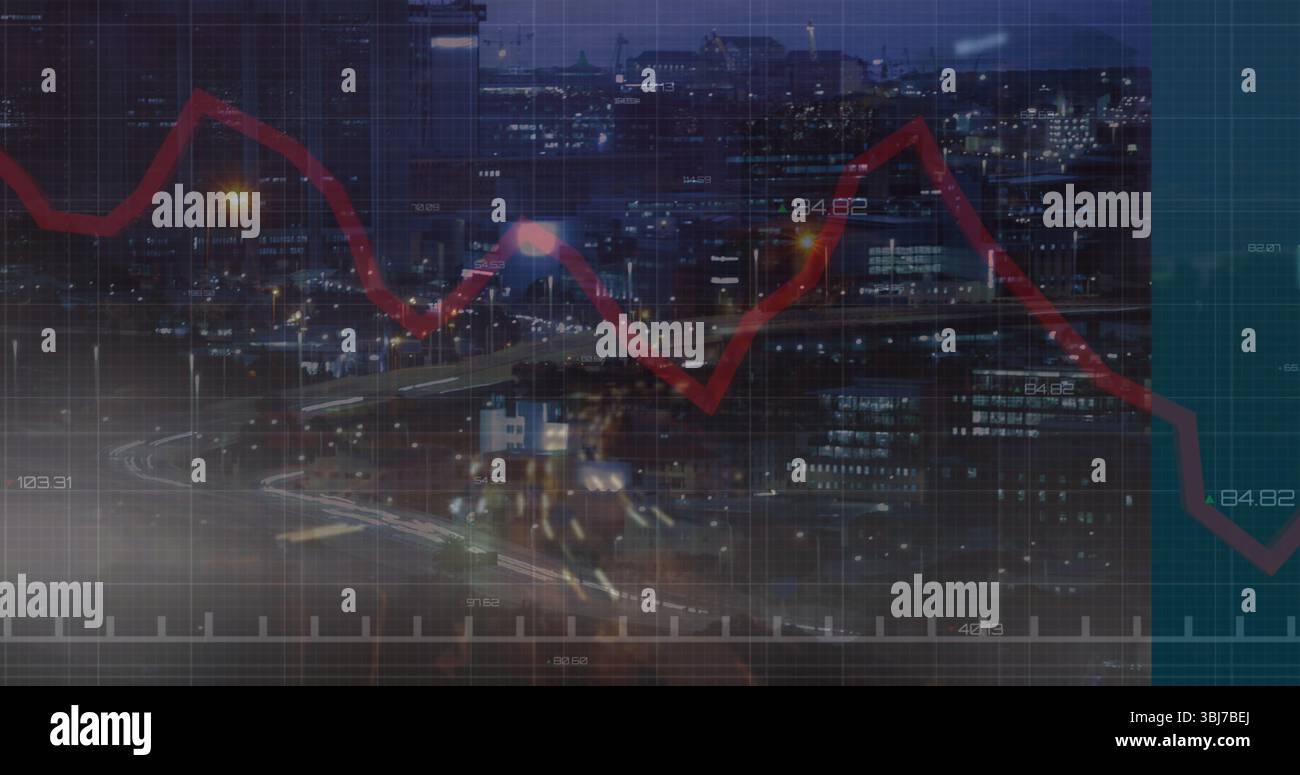 Displaying red line graph rising and falling across night skyline with ...