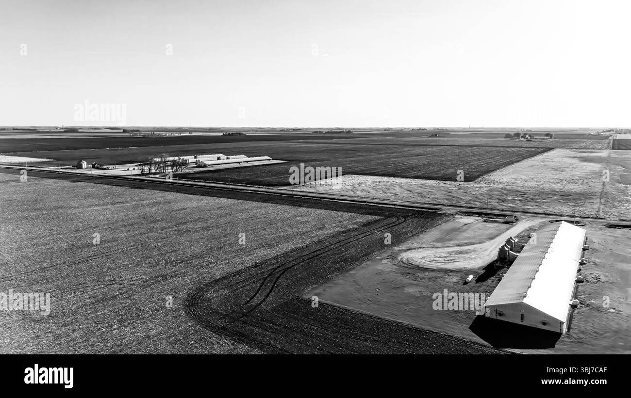 Aerial view above a confined animal operation hog building Stock Photo ...