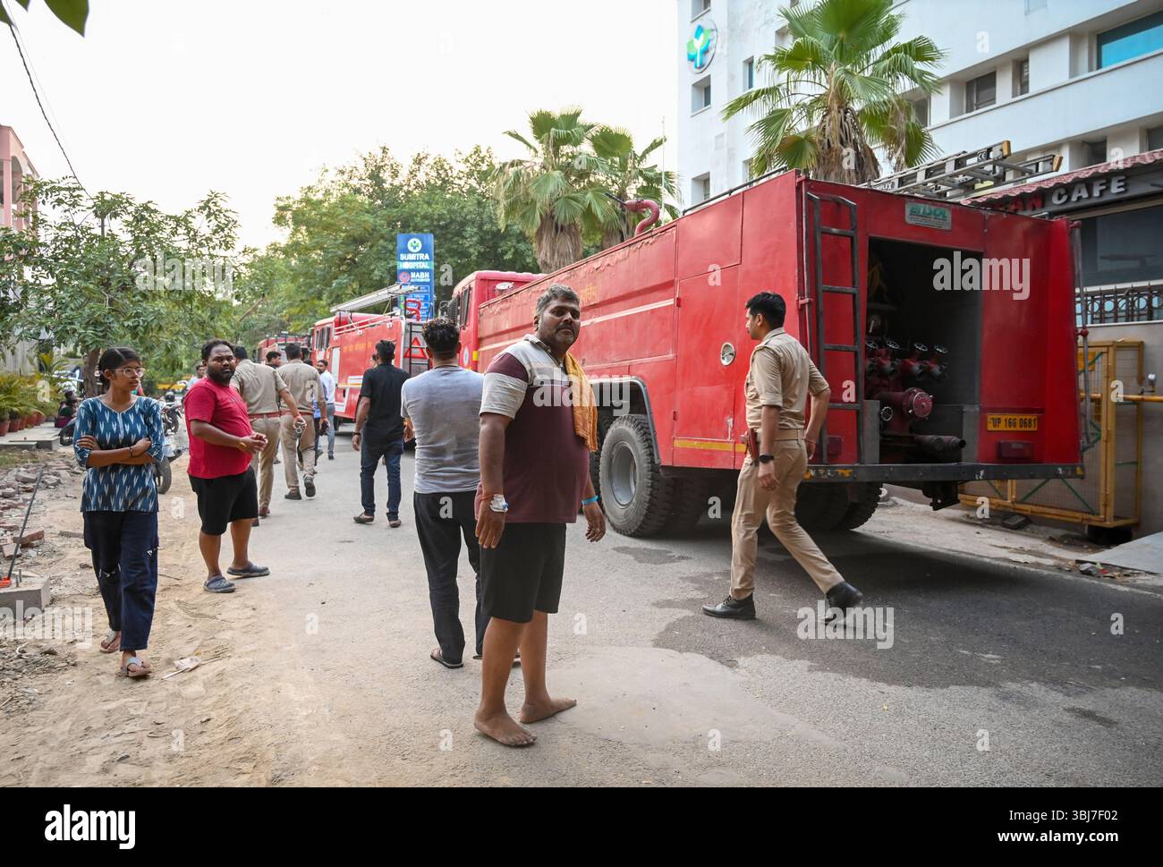 NOIDA, INDIA - JUNE 13: Firefighters worked to extinguish a blaze in the basement of Sumitra ...