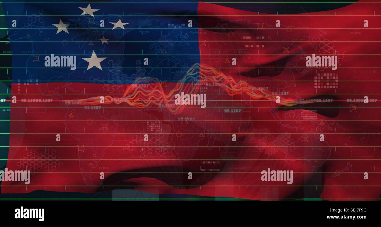 Displaying composite trading screen showing waving US and Chinese flags ...
