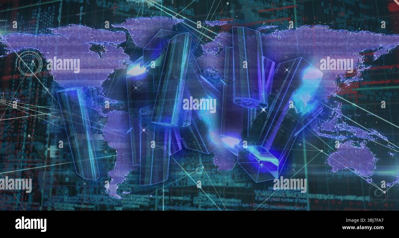 Glowing digital world map grid showing analytics on dashboard, with ...