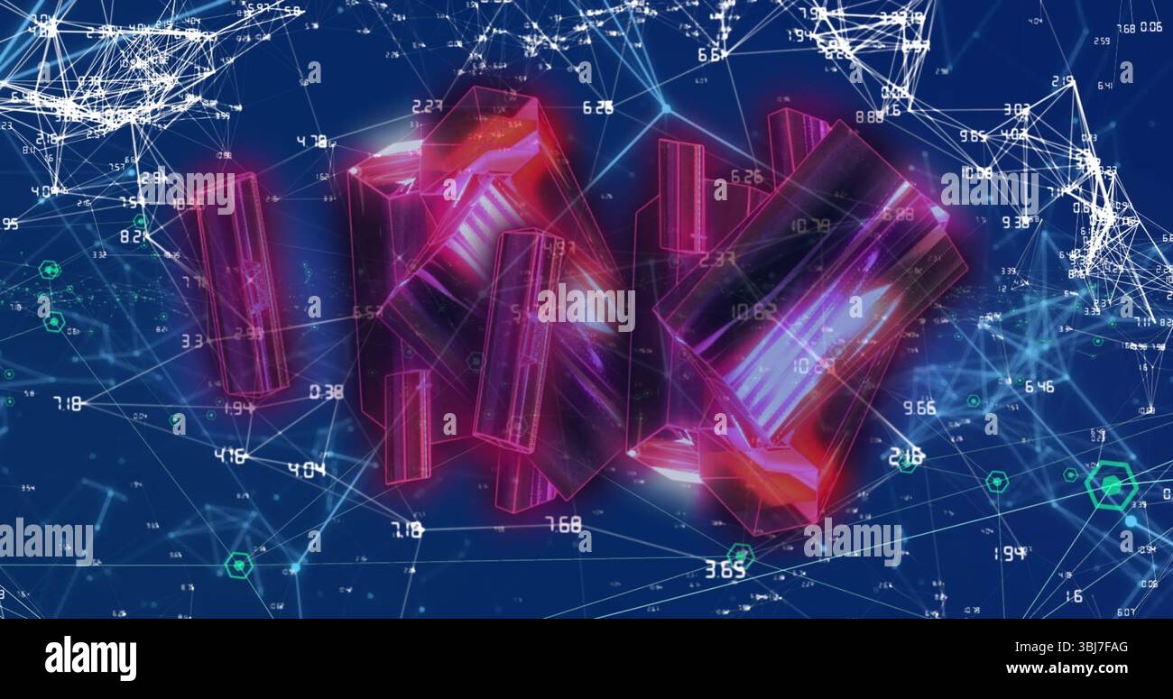 Floating magenta-pink 3D prisms glowing within virtual data-space, with ...