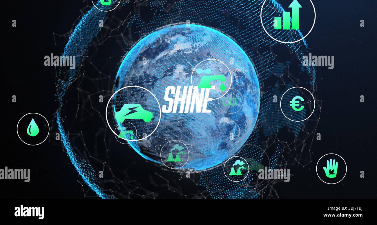 Displaying glowing blue wireframe Earth globe rotating in data space with SHINE overlay and ...