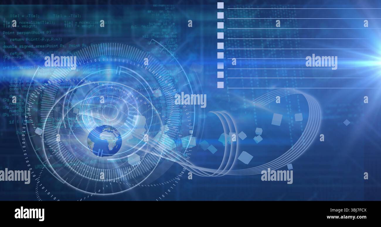 Displaying translucent blue globe encircled by HUD rings in virtual command center, data streams ...