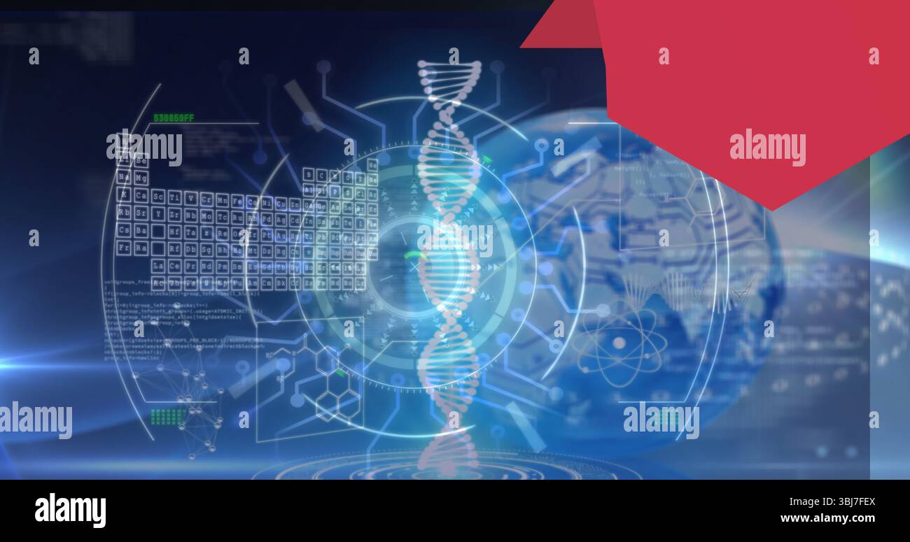 Rotating central 3D DNA helix in digital interface, with periodic table grid and world map globe ...