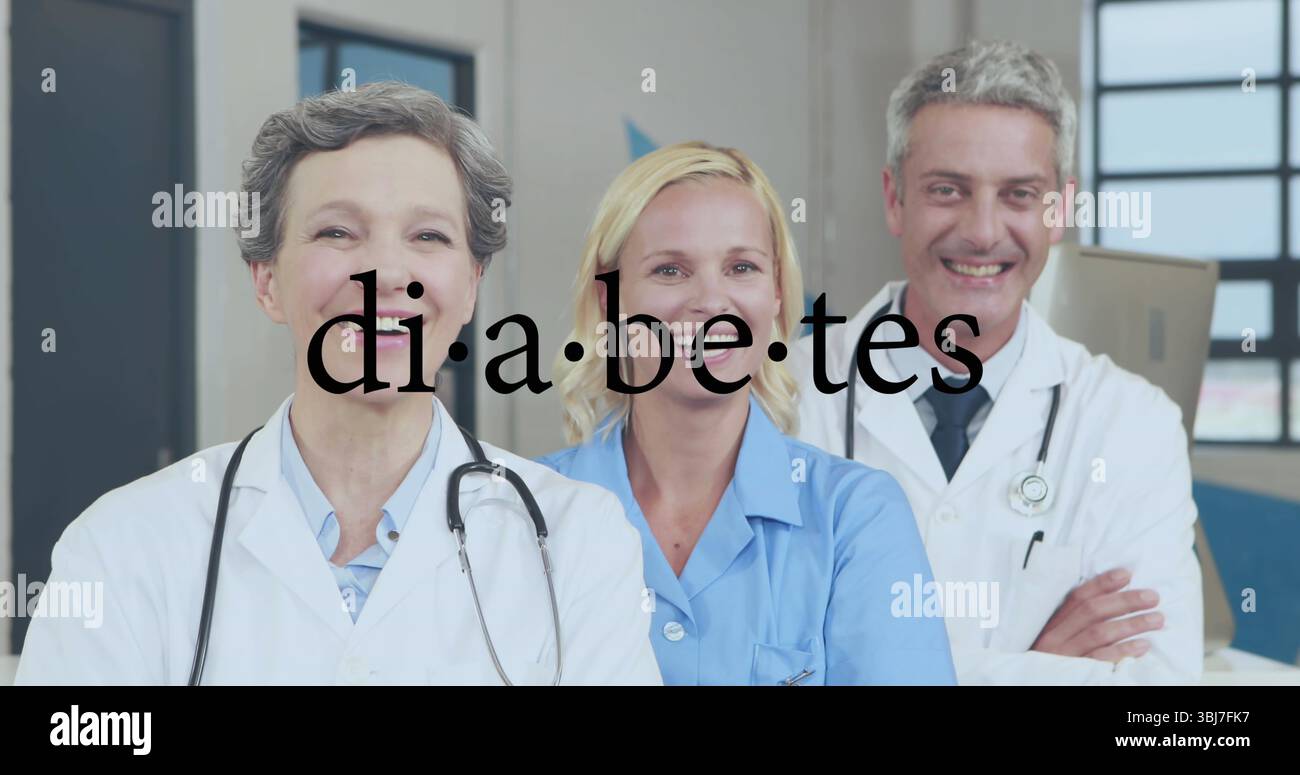Standing two doctors and nurse discussing diabetes in office, with ...