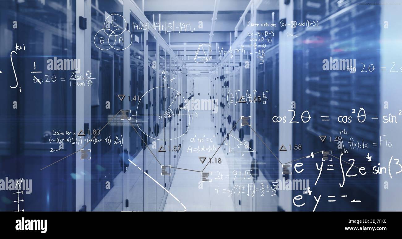 Showing narrow data center corridor, featuring server racks and ...