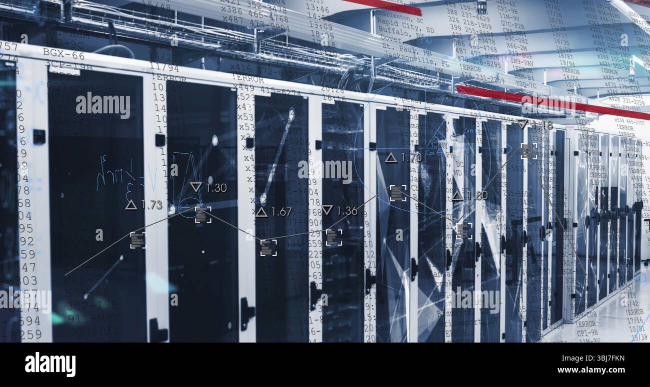 Displaying long narrow data center corridor hosting server racks with ...