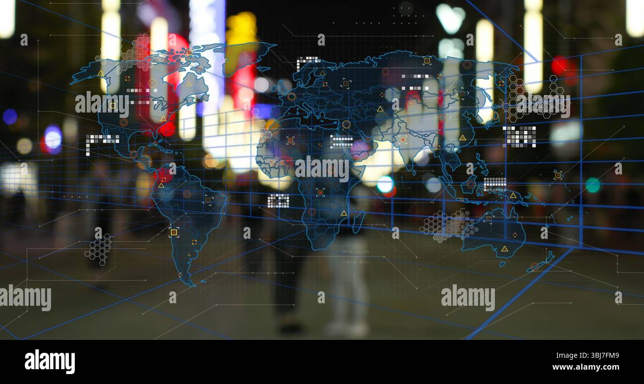 Displaying digital world map overlay flashing across urban street at night, with glowing data ...