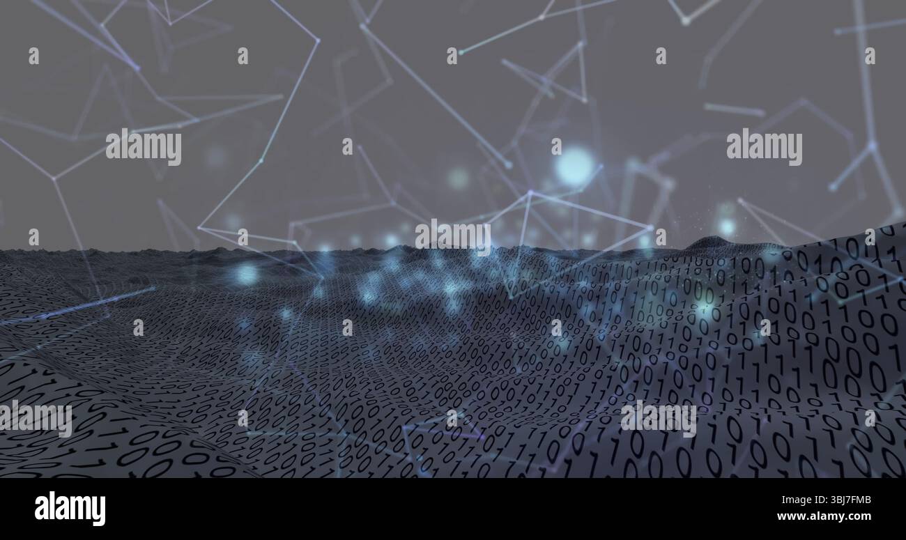 Binary Code Terrain Undulating In Virtual Data Realm With Glowing Network Nodes And Light