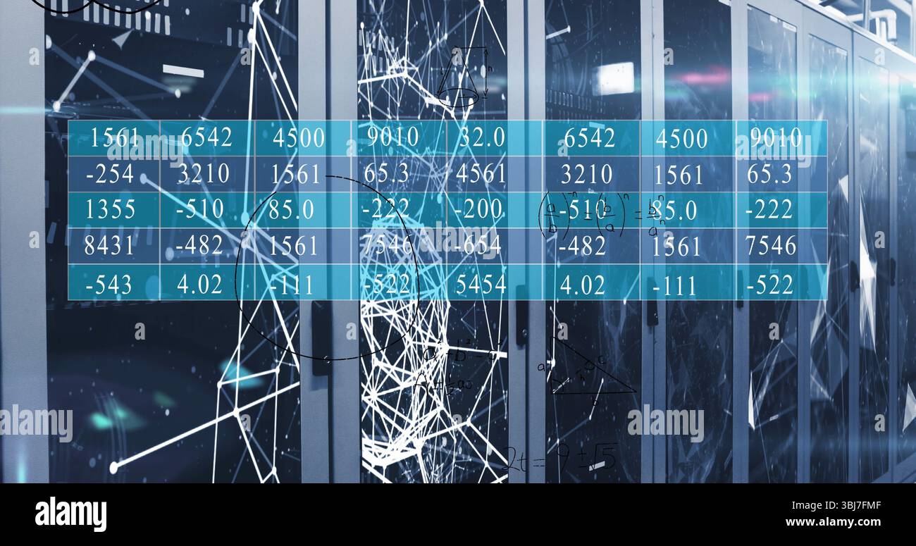Displaying central server cabinets running in server room with data cables and numeric data ...