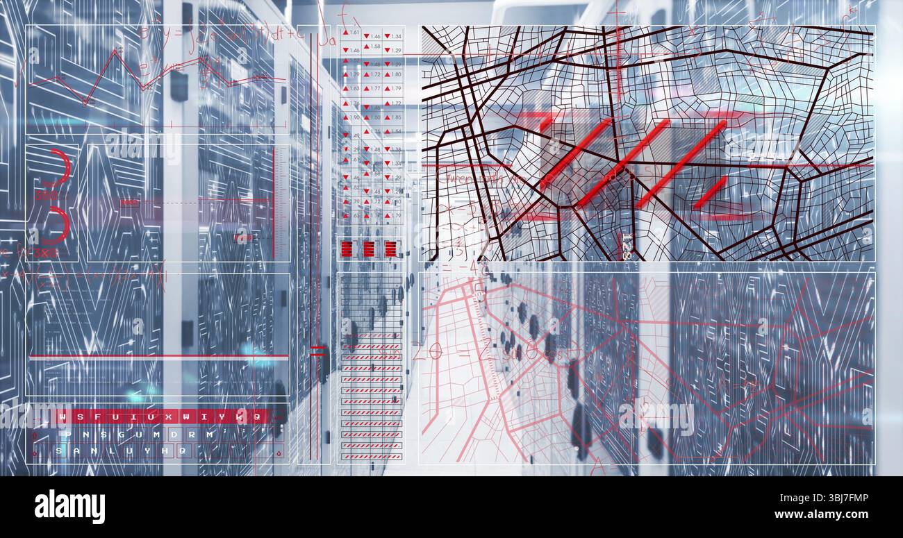 Showing server rack corridor extending into data center, with digital ...