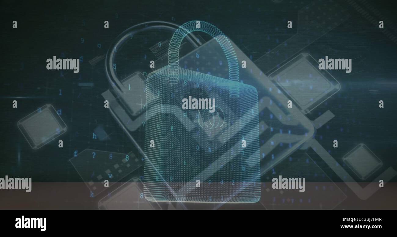 Displaying wireframe padlock icon securing network data at digital interface, with device ...