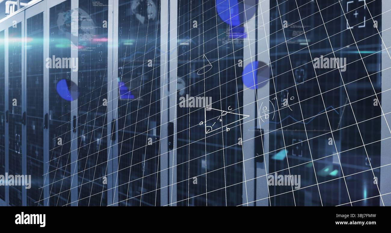 Showing server racks with LEDs and network cables in data center ...