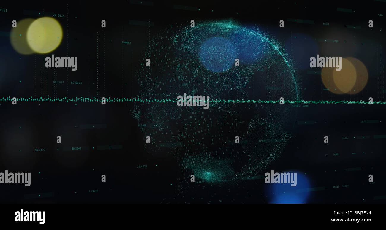 Turquoise dot matrix globe spinning on panel, showing waveform with ...
