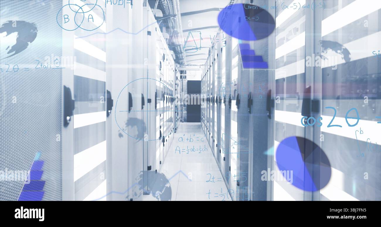 Displaying server cabinet corridor running through data center, with network cables and LED ...