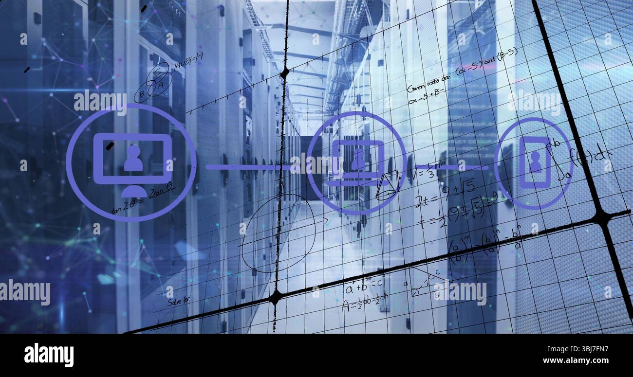 Floating three purple connectivity icons above data center aisle, with ...