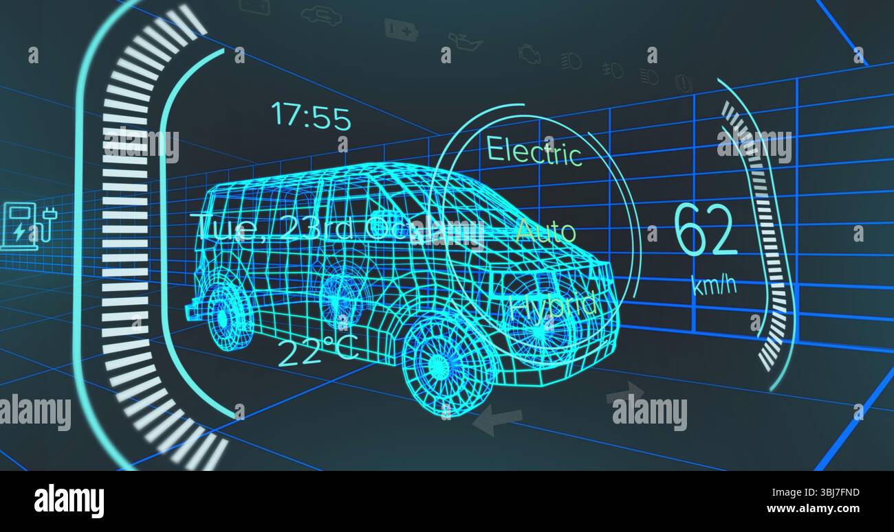 Displaying wireframe electric van model in virtual HUD, showing speed ...