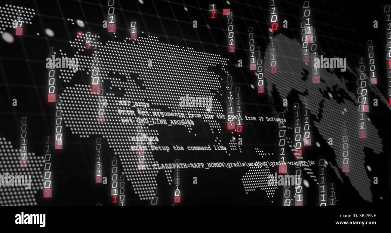 Displaying dotted world map floating over virtual grid, with binary streams and code snippets ...