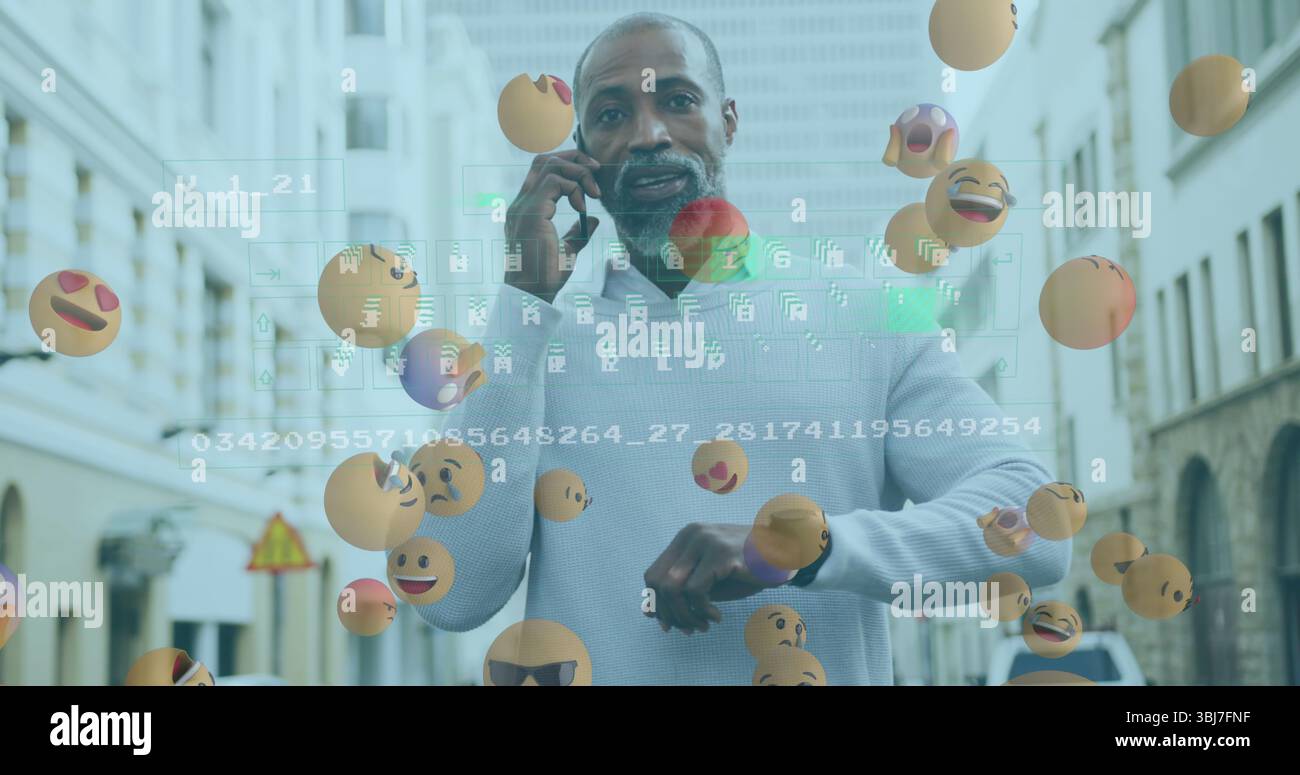 Talking man holding smartphone and checking watch on street, with ...