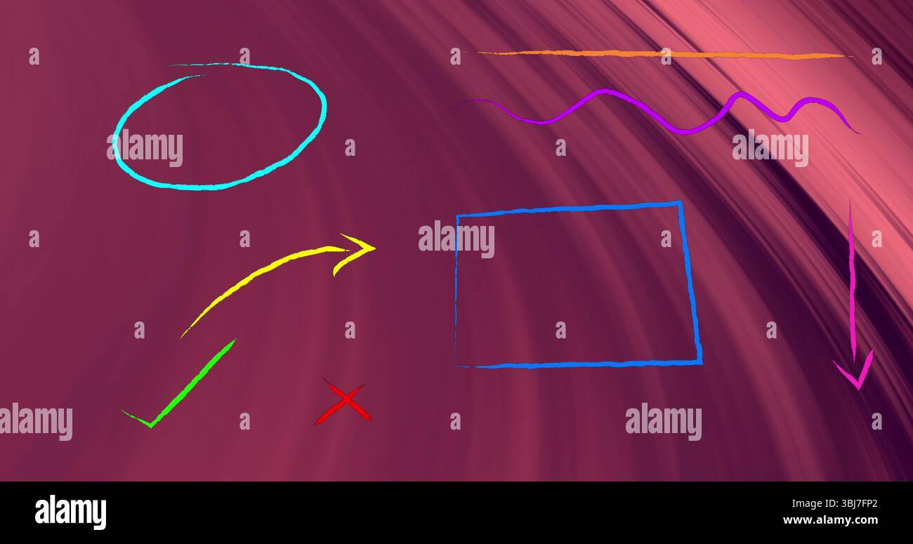 Displaying colorful shapes on maroon swirl, cyan oval, arrows, check mark, X, rectangle and ...