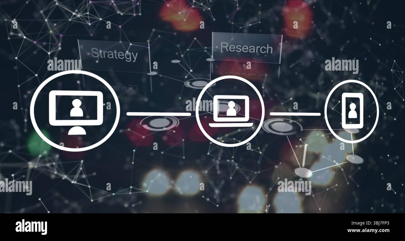 Displaying white device icons connecting on dark node grid plane, with ...